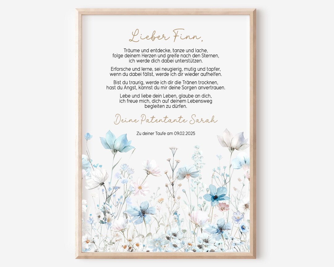 Godparent Letter Baptism Godchild Wildflowers Baptism Gift Poster or ...