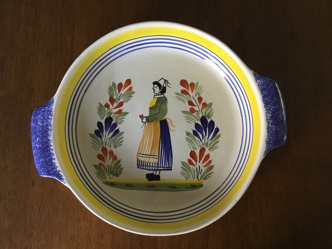 Vintage French Henriot Quimper Faience Pottery Rare Handled Round Baker ...