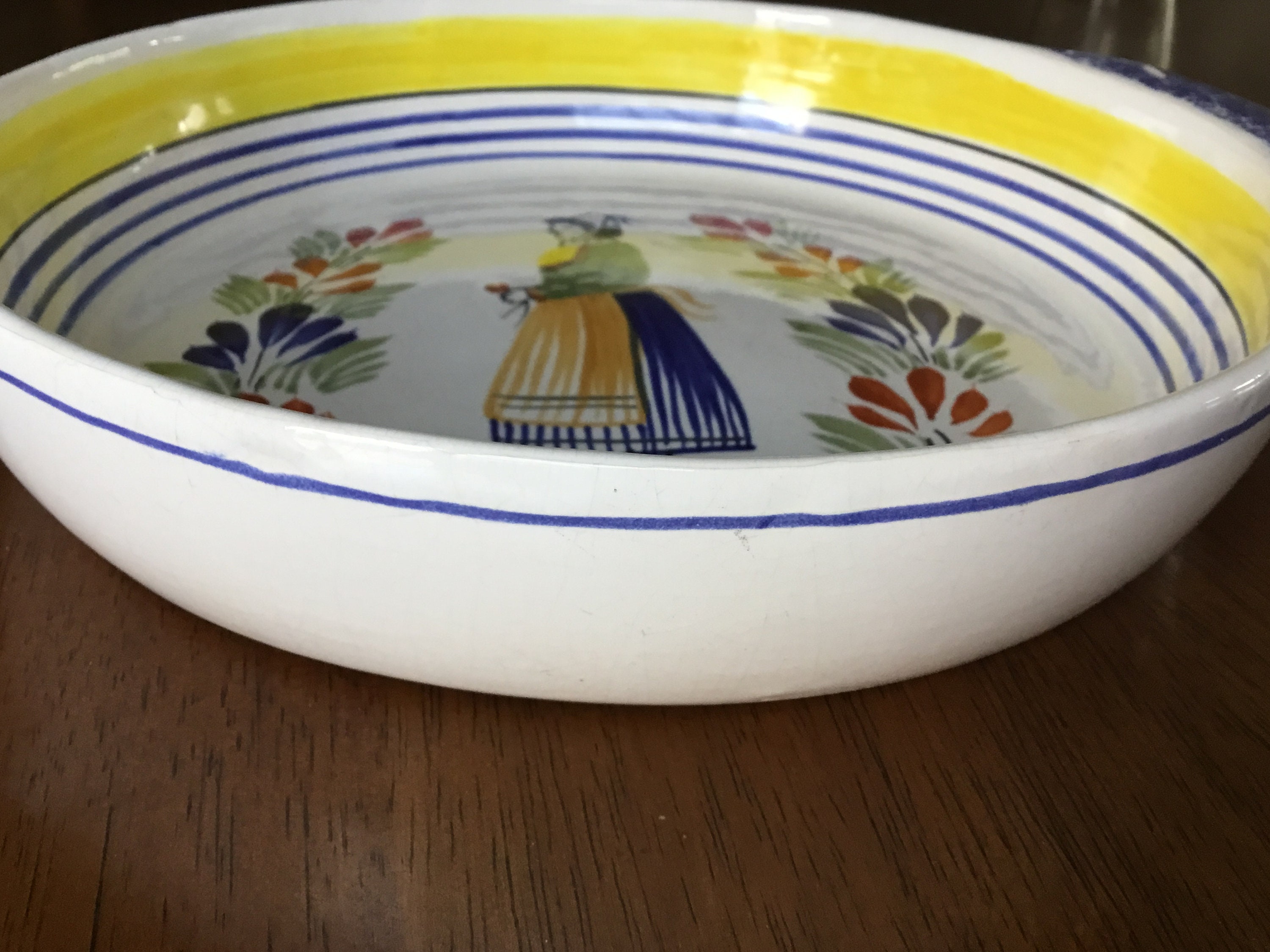 Vintage French Henriot Quimper Faience Pottery Rare Handled Round Baker ...