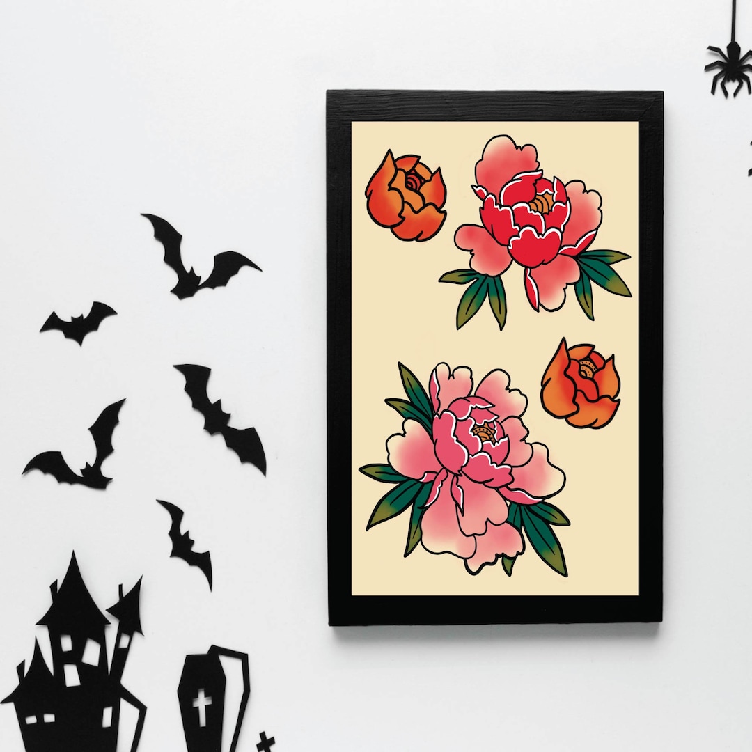 Tattoo Flash Sheet, Tattoo Flash Art Print, Art Print, Floral Flash ...