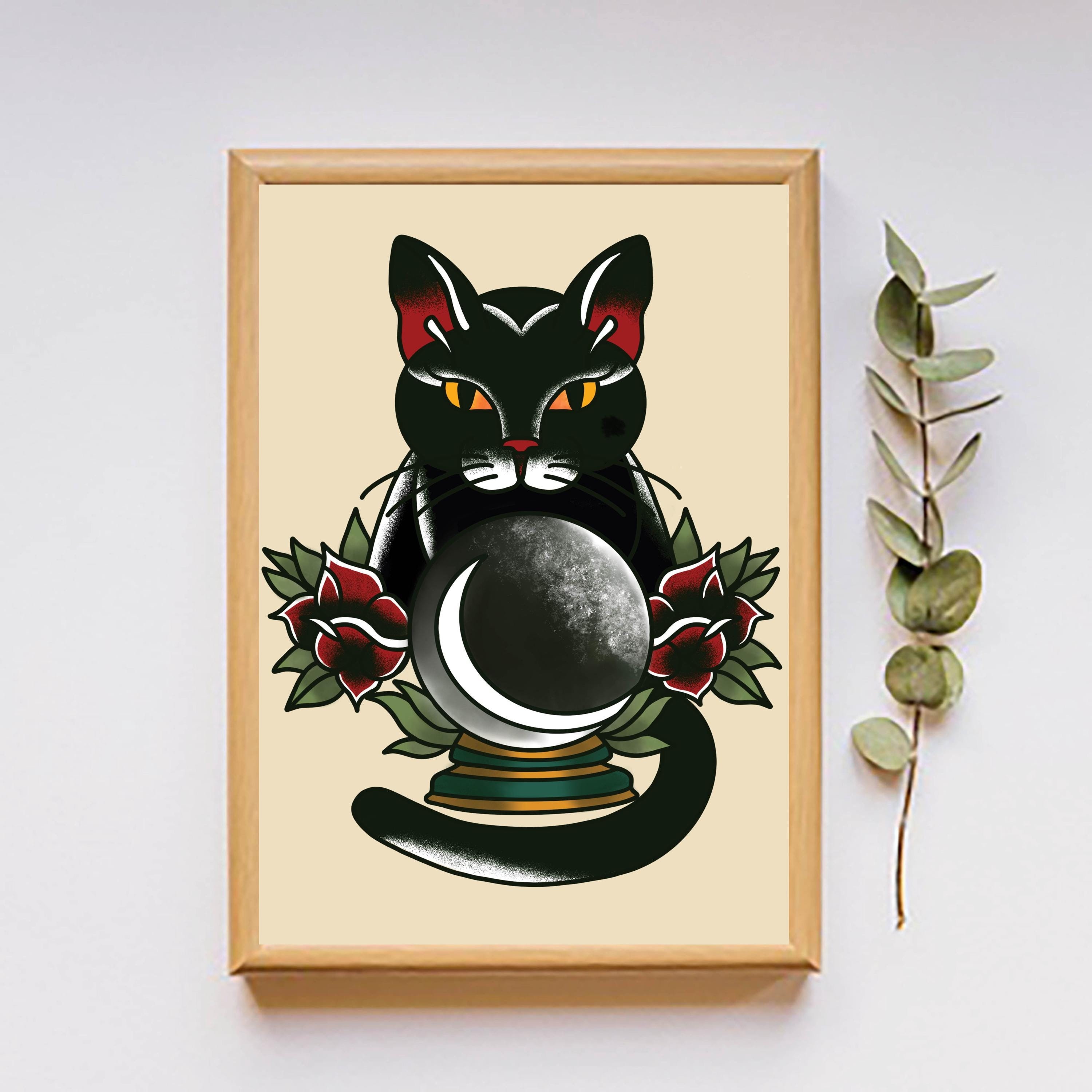 Black Cat Tattoo Flash Sheet, Tattoo Flash Art Print, Art Print, Black ...