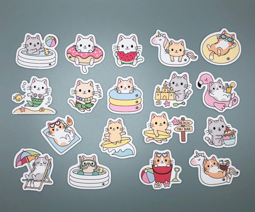 Cute Funny Summer Cat Stickers Set of 18 | Perfect for Planners, Bullet ...