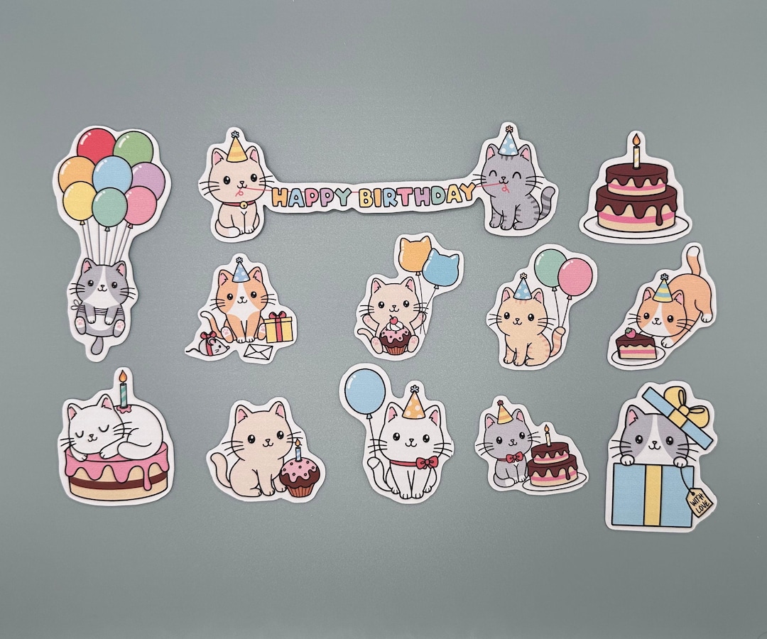 Funny Cute Birthday Cat Stickers Set of 12 Perfect for Planners, Bullet ...