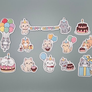 Funny Cute Birthday Cat Stickers Set of 12 Perfect for Planners, Bullet ...