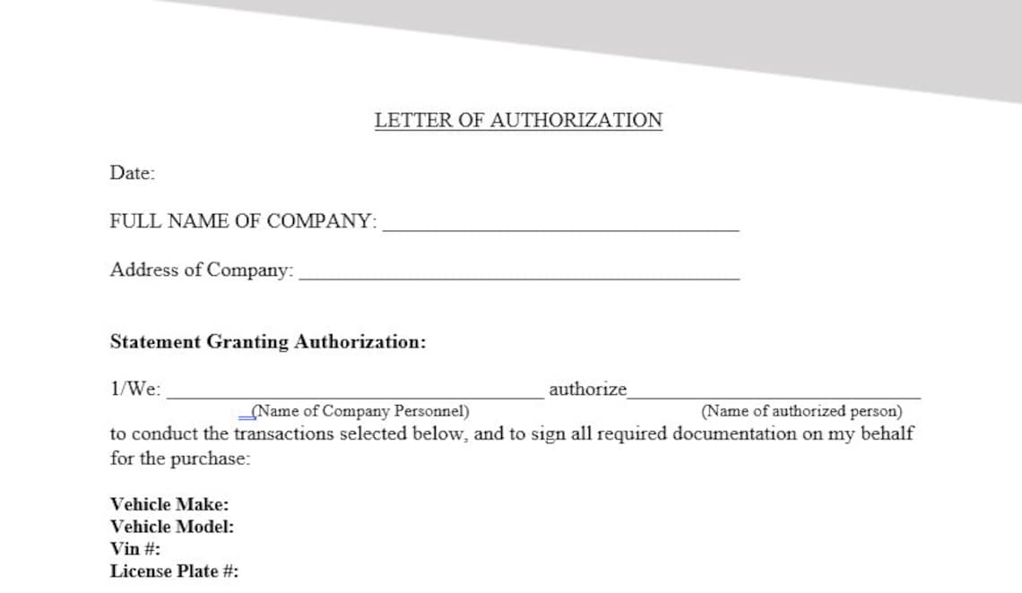 Vehicle Authorization Letter Template - Etsy Canada