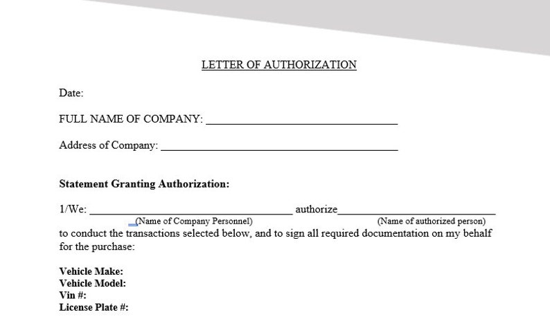 Vehicle Authorization Letter Template - Etsy