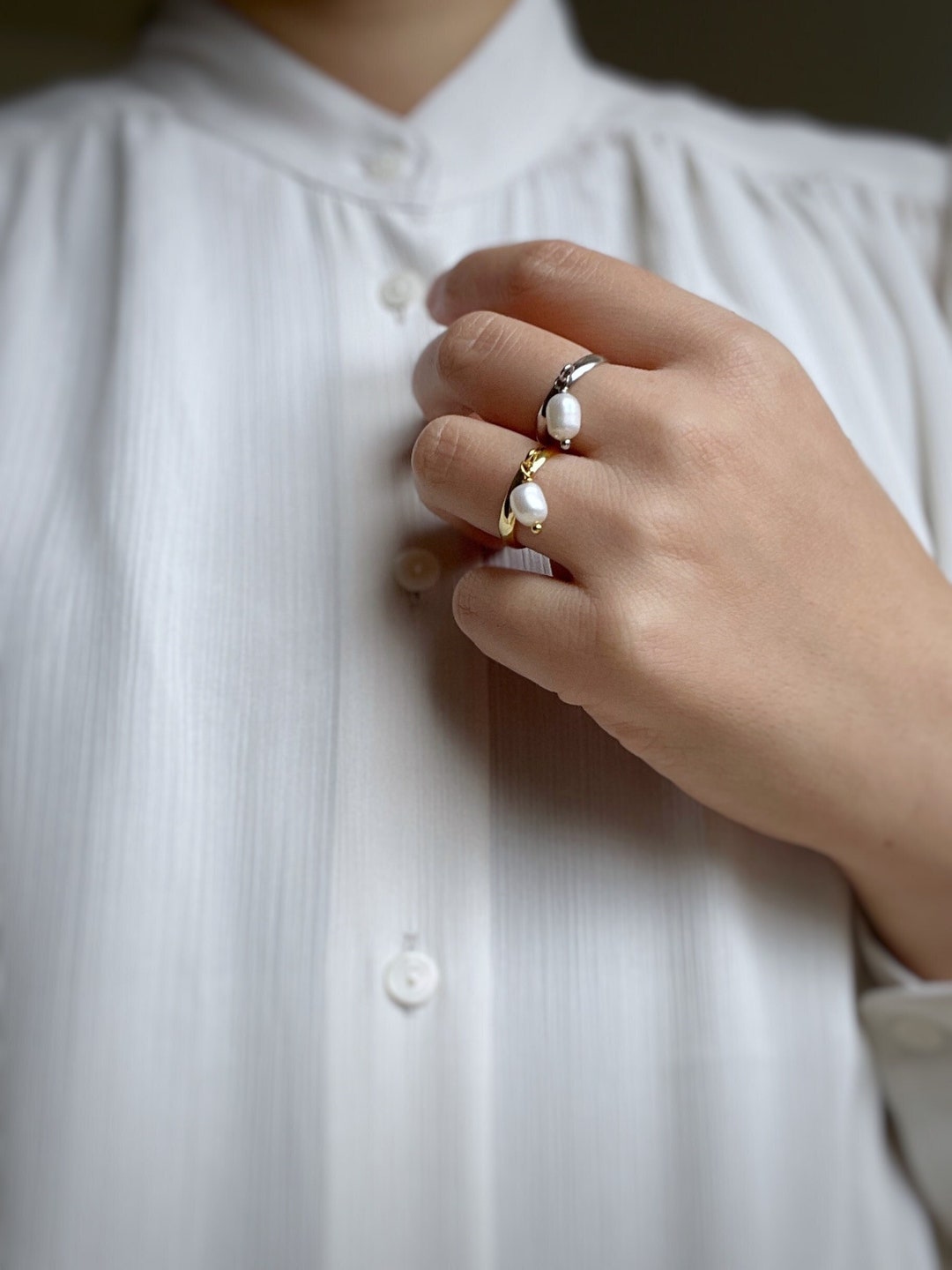 Pearl Ring, Dangle Ring, Everyday Stackable Pearl Charm Ring ...