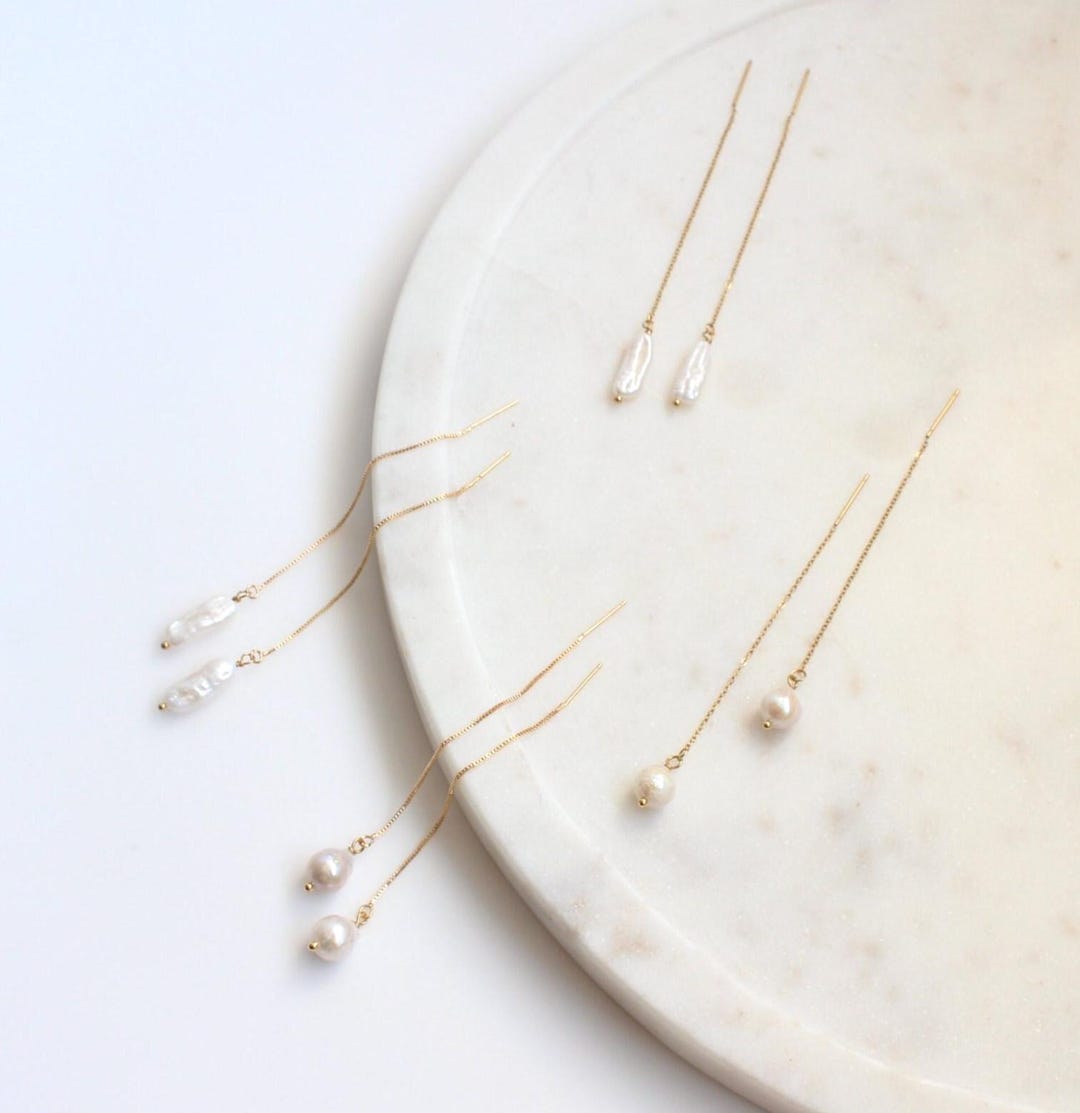 Pearl Drop Earrings, Pearl Threader Pull Through Gold Chain Earrings ...
