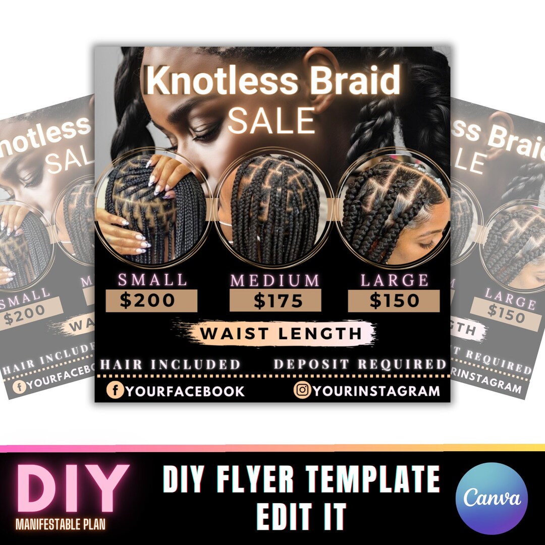 Knotless Braid Flyer - DIY Sale - Hair Stylist Promo - Salon Booking Ad ...