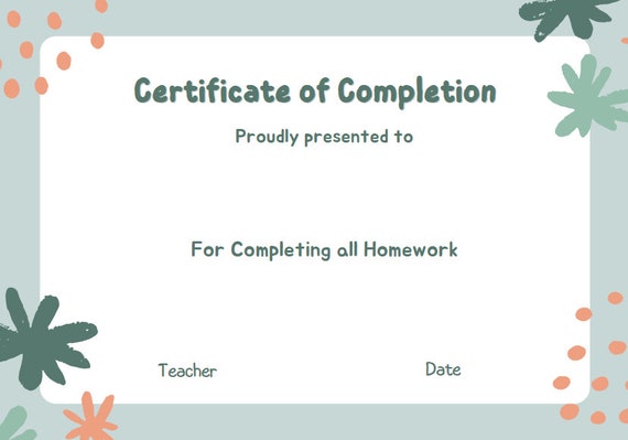 Certificate of Completion for Homework and Attendance - Etsy