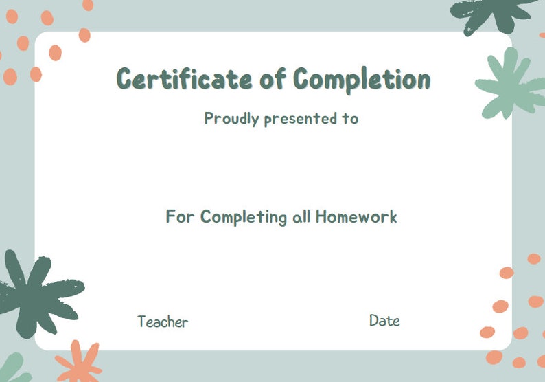 Certificate of Completion for Homework and Attendance - Etsy