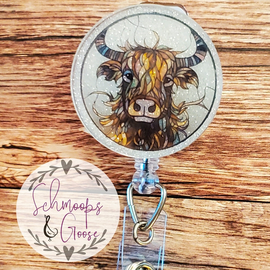 Stained Glass Highland Cow Badge Reel, Animal Badge Reels, Nurse ...