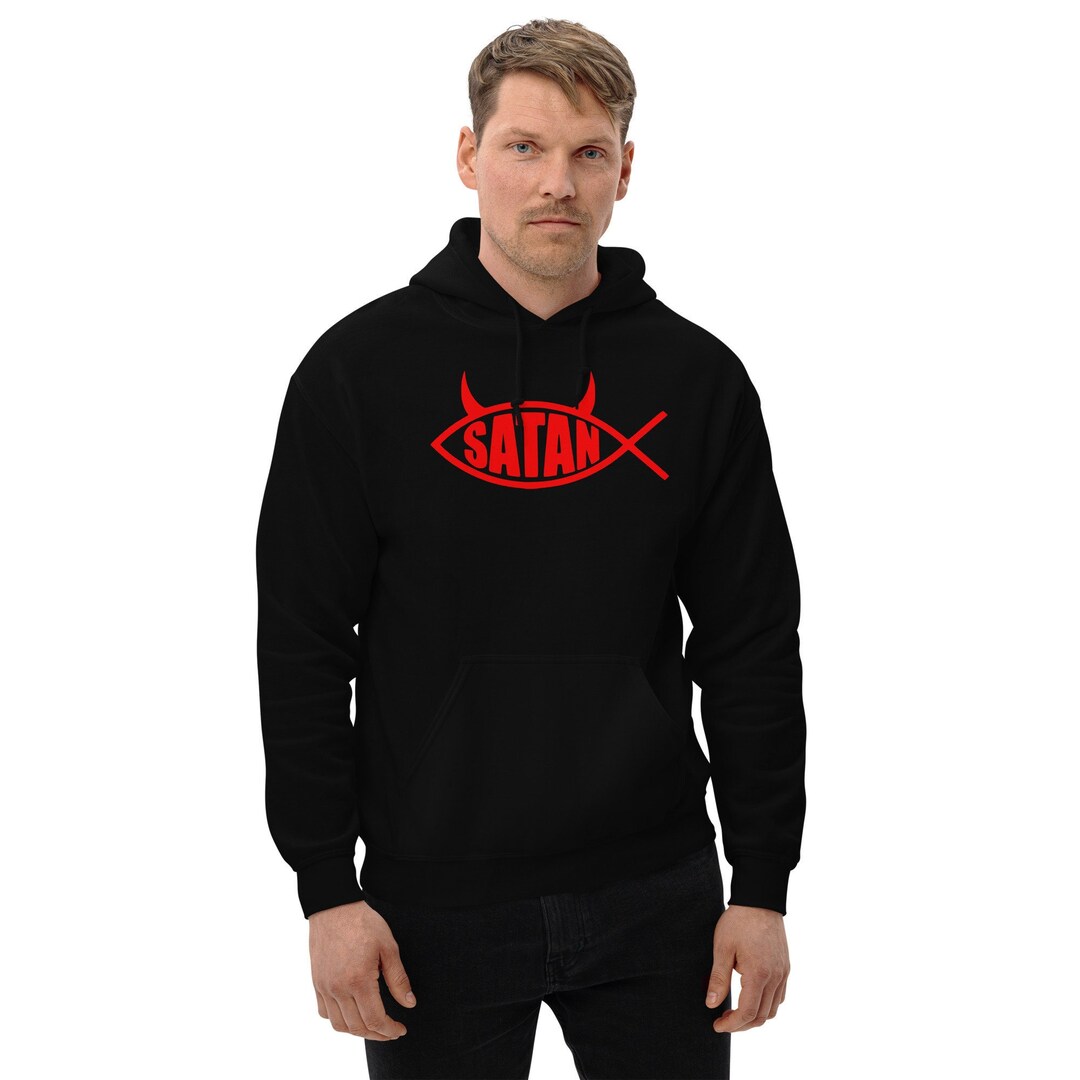 Red Ichthys Satan Fish With Horns Religious Satire Hoodie Sweatshirt - Etsy