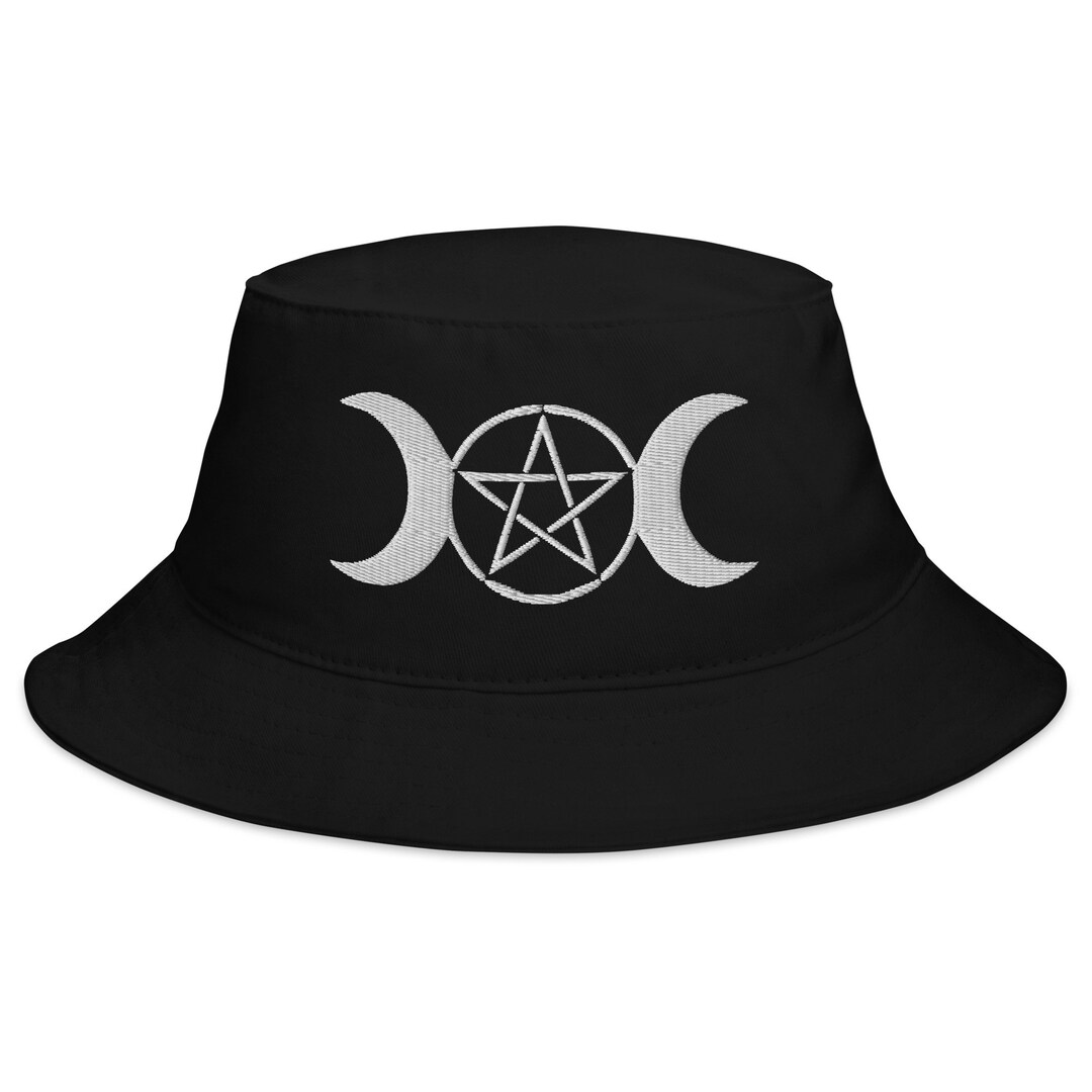 White Pagan Triple Moon Goddess Embroidered Bucket Hat Wiccan Pentagram ...