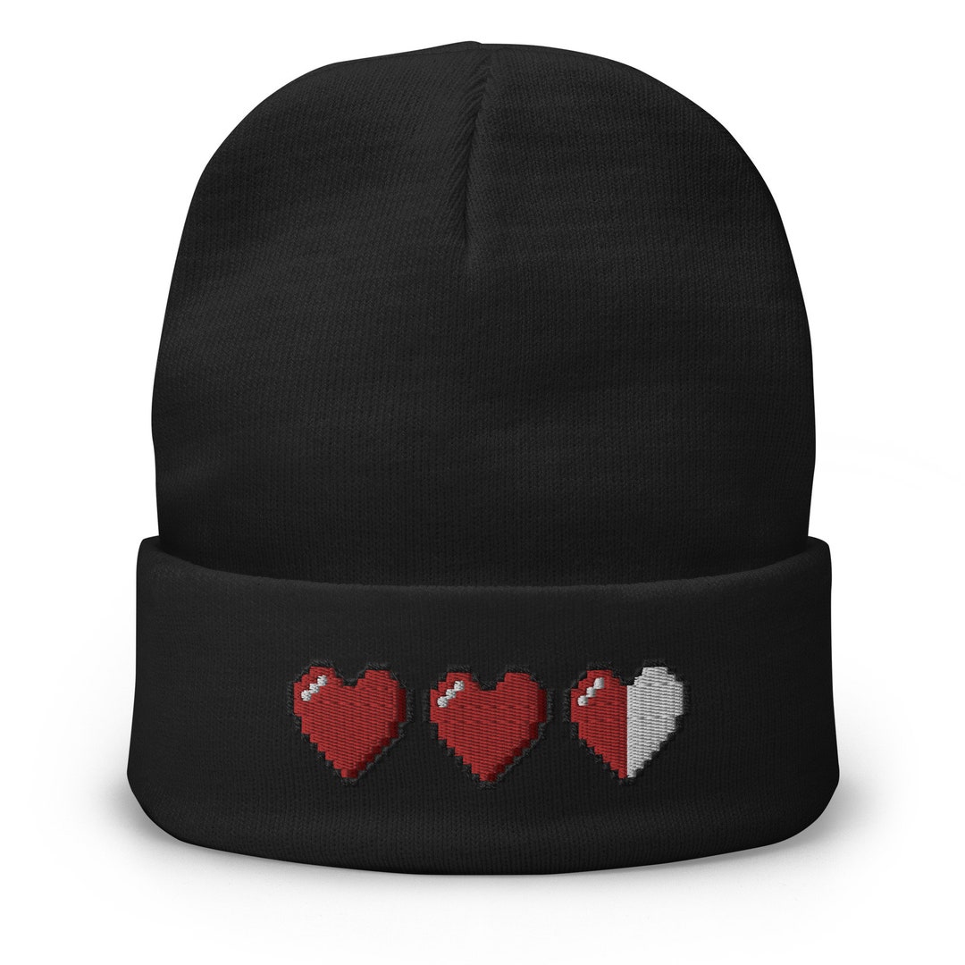 3 Heart Meter Retro 8 Bit Video Game Pixelated Embroidered Cuff Beanie ...