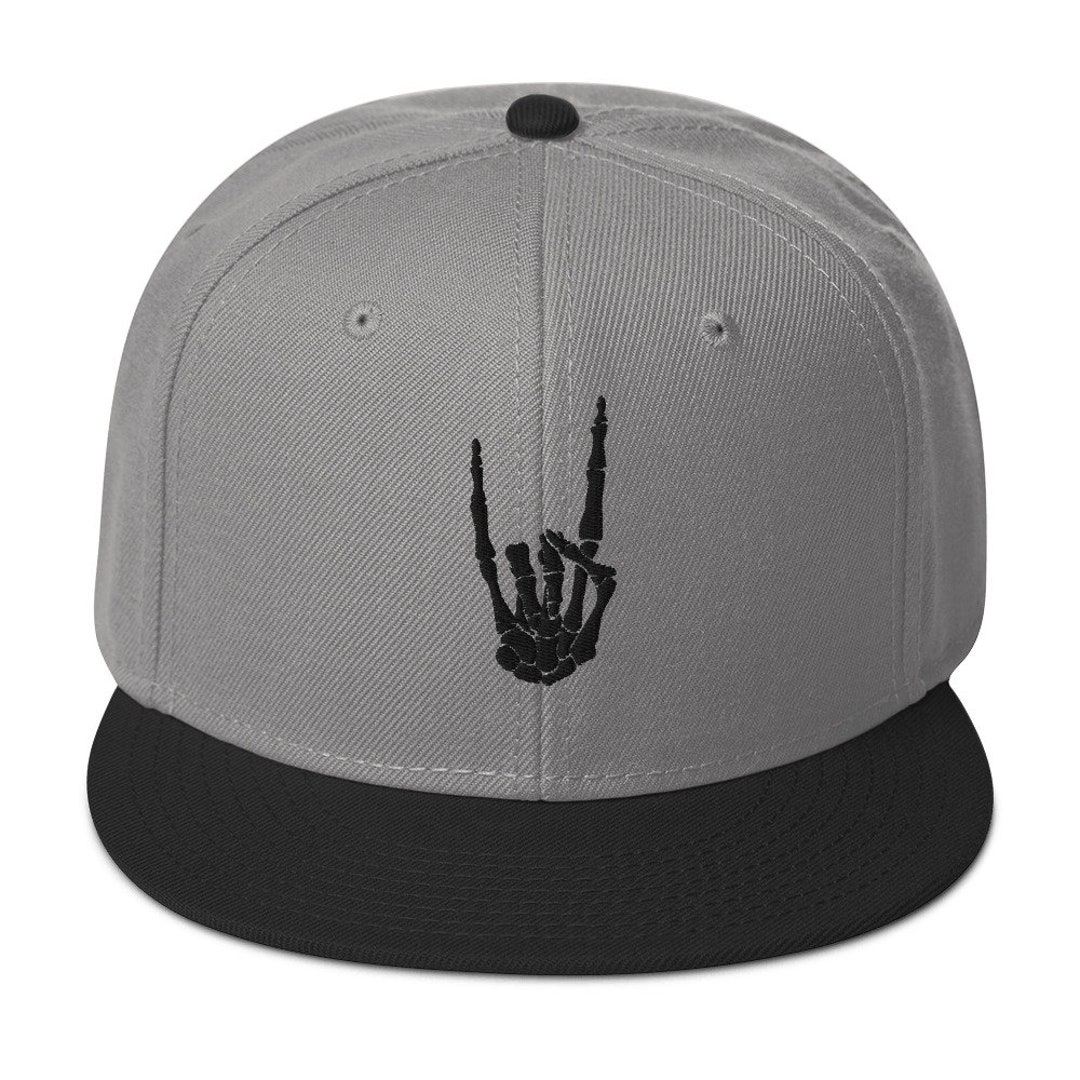 Black Bone Hand Devil Horns Metal Sign Embroidered Flat Bill Cap ...