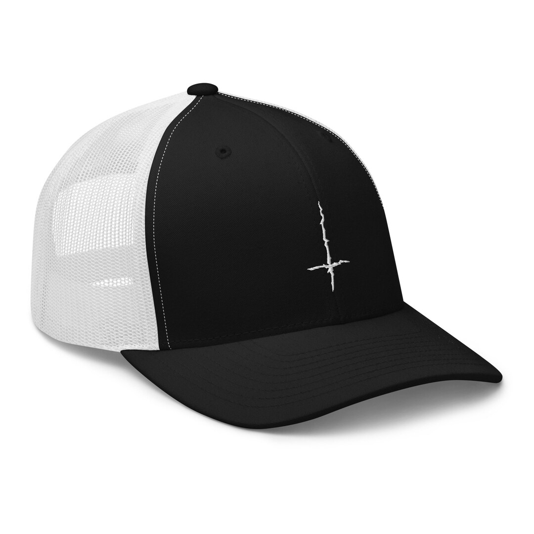 White Inverted Cross Black Metal Style Embroidered Trucker Cap Snapback ...