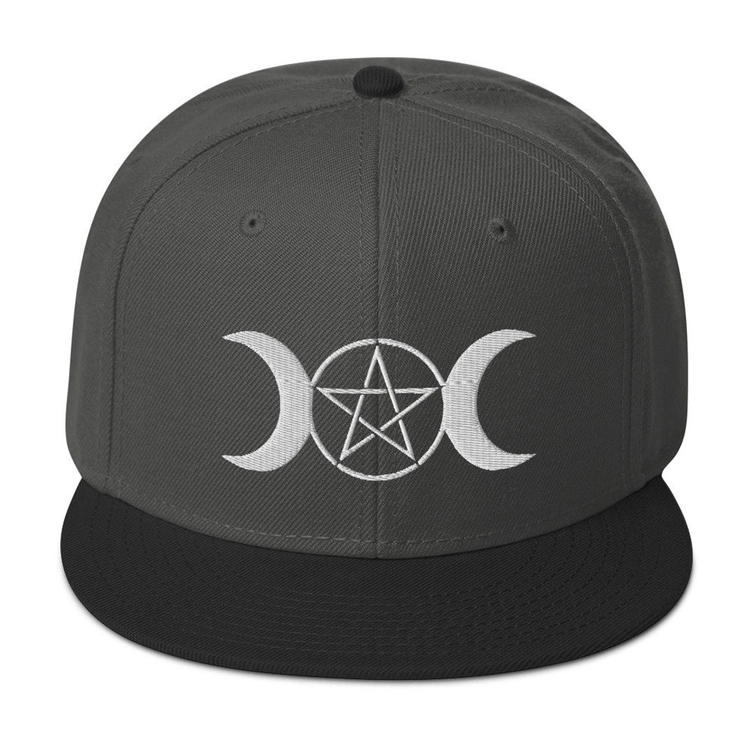 White Pagan Triple Moon Goddess Embroidered Flat Bill Cap Snapback Hat ...