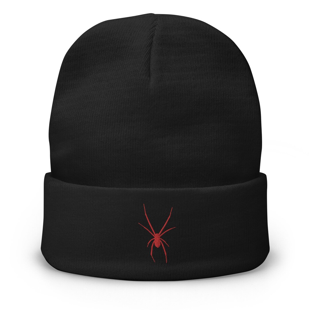 Arachnid Creepy Black Widow Spider Embroidered Cuff Beanie Red Thread ...