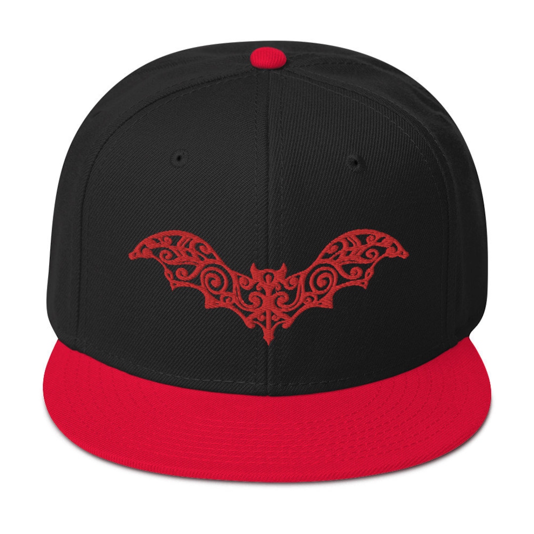 Red Gothic Vine Wrought Iron Bat Embroidered Flat Bill Cap Snapback Hat ...