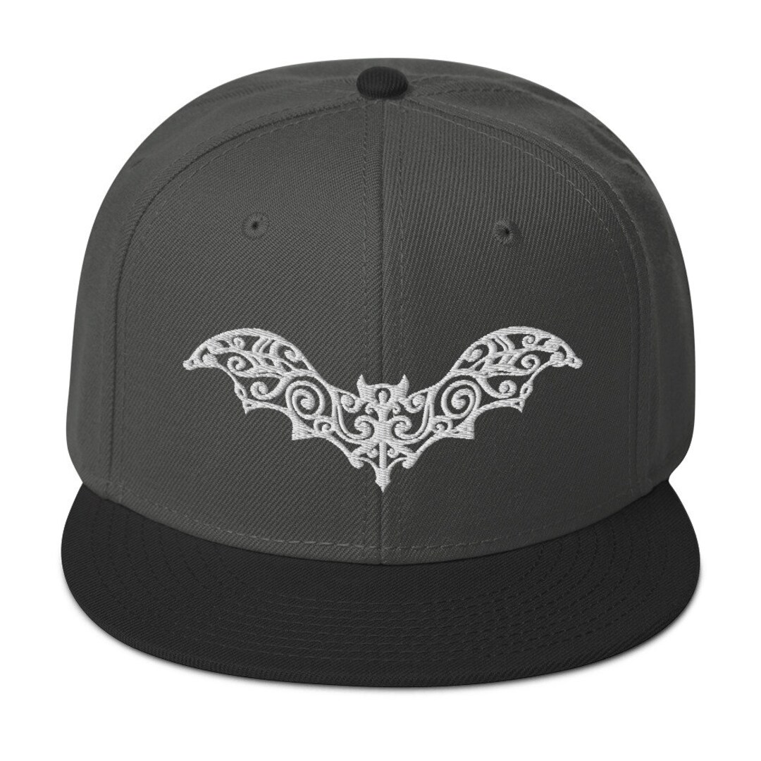 White Gothic Vine Wrought Iron Bat Embroidered Flat Bill Cap Snapback ...