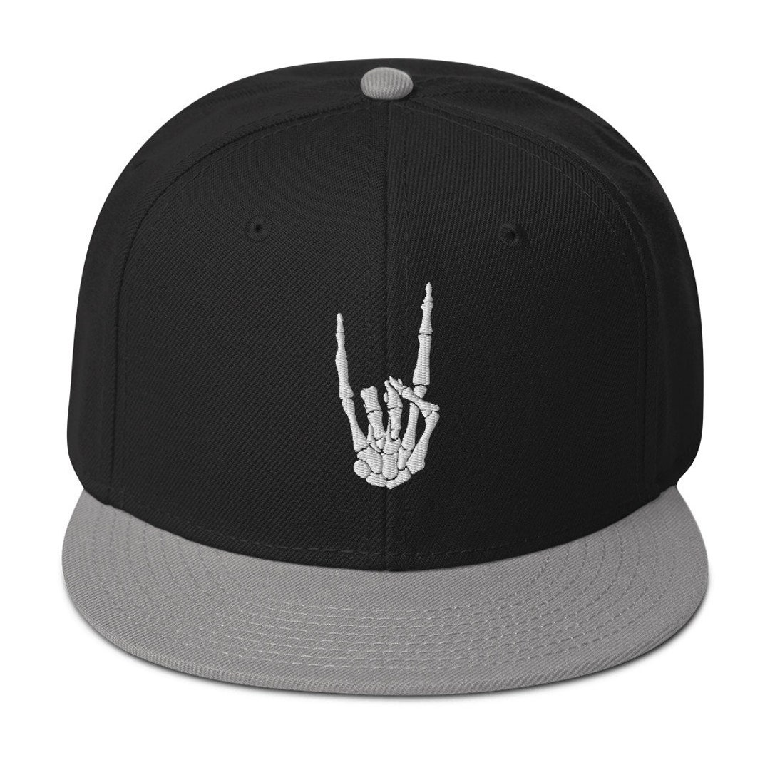 White Bone Hand Devil Horns Metal Sign Embroidered Flat Bill Cap ...