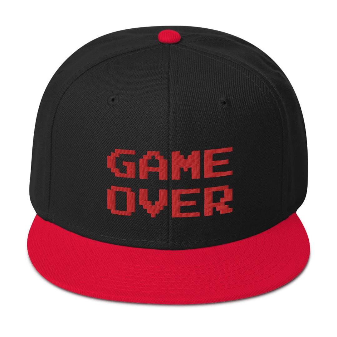 Red Game Over 8 Bit 80's Retro Gaming Embroidered Flat Bill Cap ...
