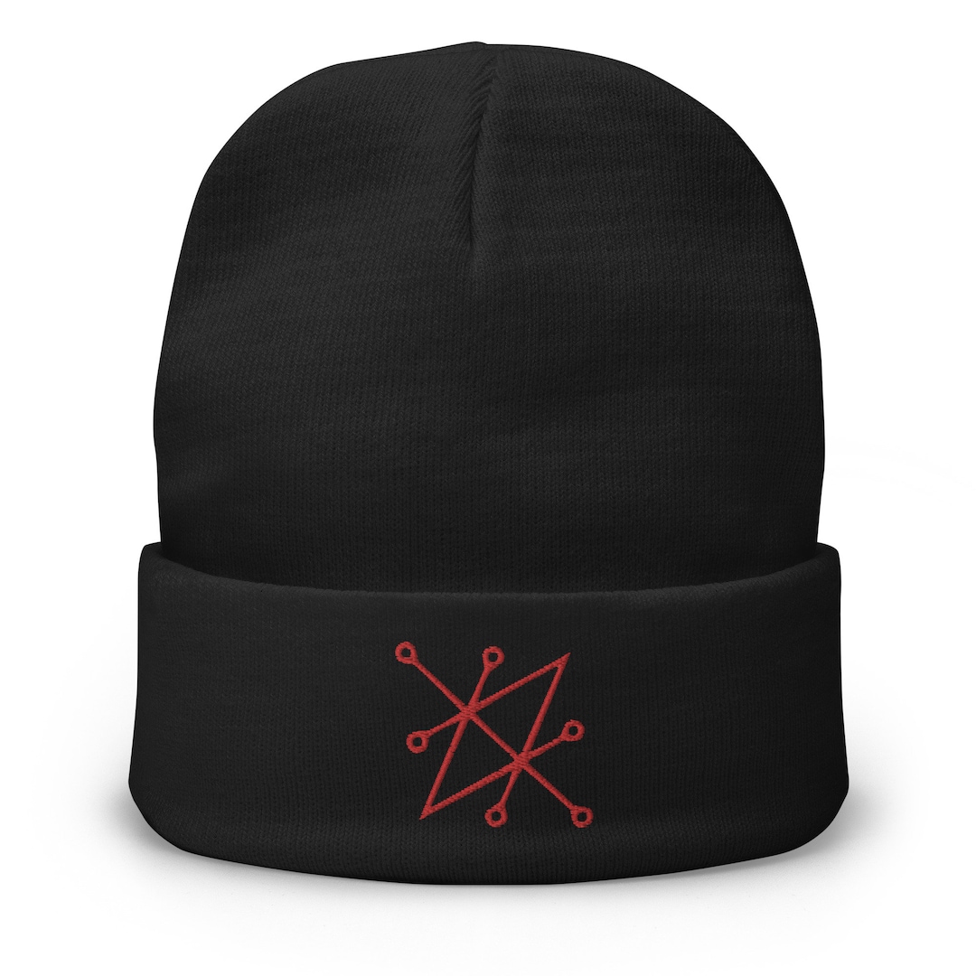 Red Sigil of Fallen Angel Azazel Occult Symbol Embroidered Cuff Beanie ...