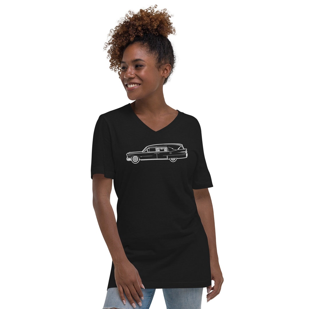 Classic Funeral Hearse Car Gothic Halloween Ride Women’s Short Sleeve V ...