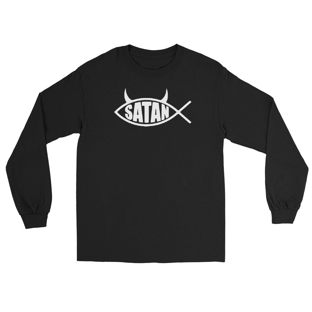 White Ichthys Satan Fish With Horns Religious Satire Long Sleeve Shirt ...