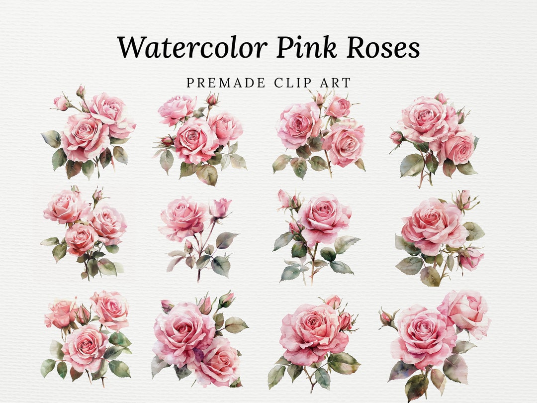 12 Pink Roses Set Clipart, Roses Bouquet, Printable Watercolor Clipart ...
