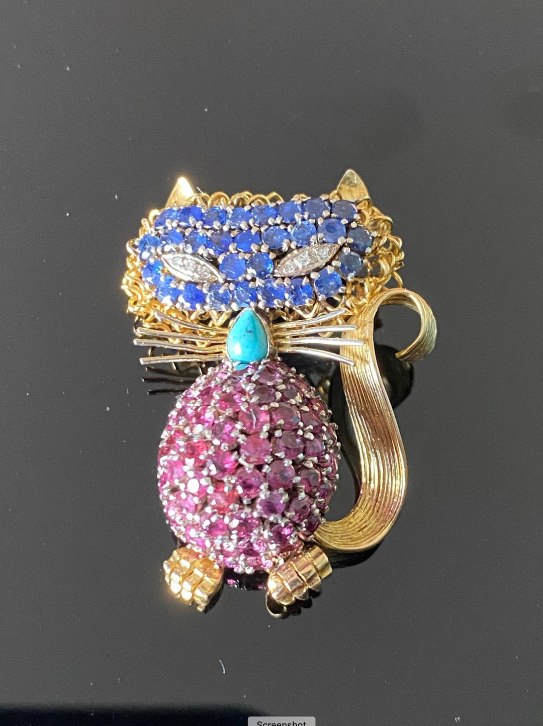 Vintage Diamonds Ruby Turquoise and 14K Gold Cat Pendant / Brooch ...