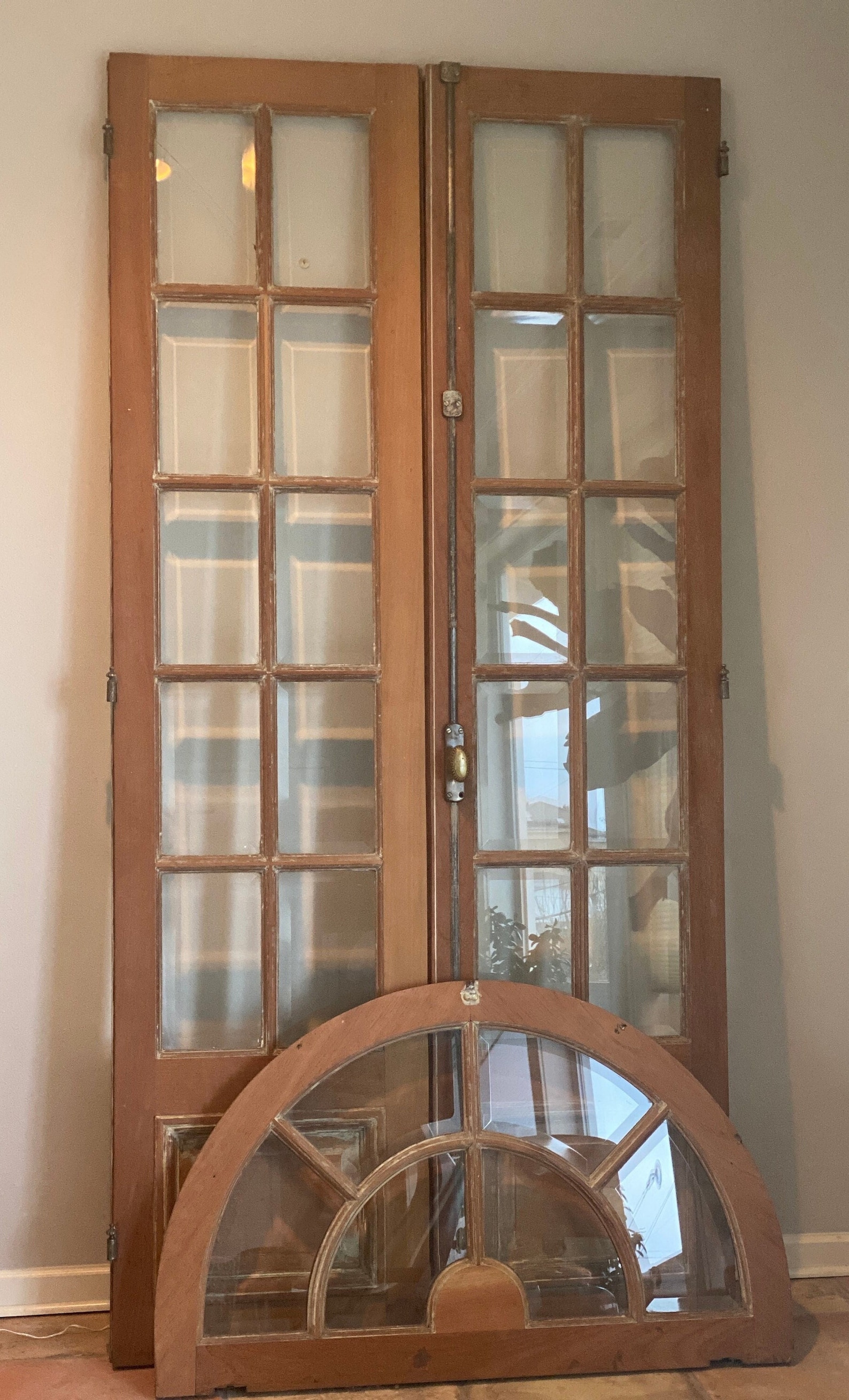 Antique Tall French Doors Beveled Glass With Fan Light Semi Circle Arch ...