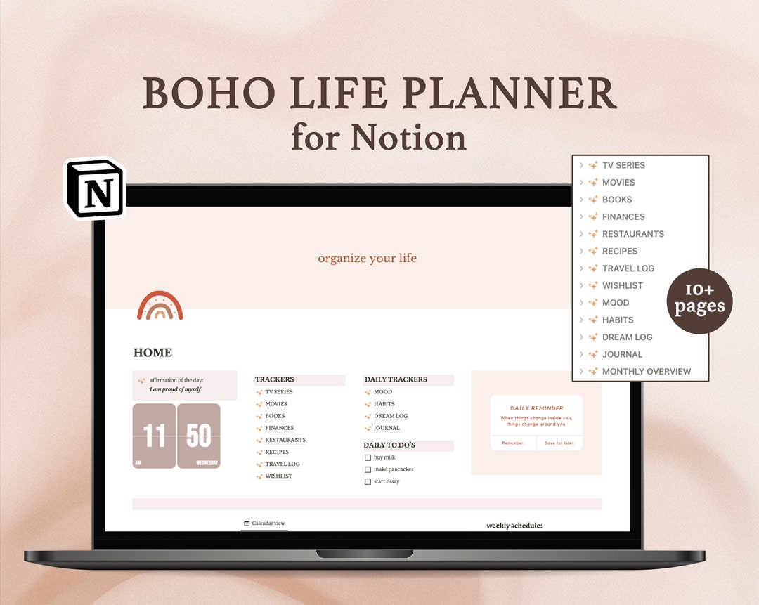 Boho Notion Template, Notion Personal Planner, Life Planner, Digital ...