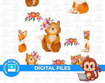 Woodland. Little Animals Watercolor Clip Art, Fox, Bear, Deer, Raccoon ...