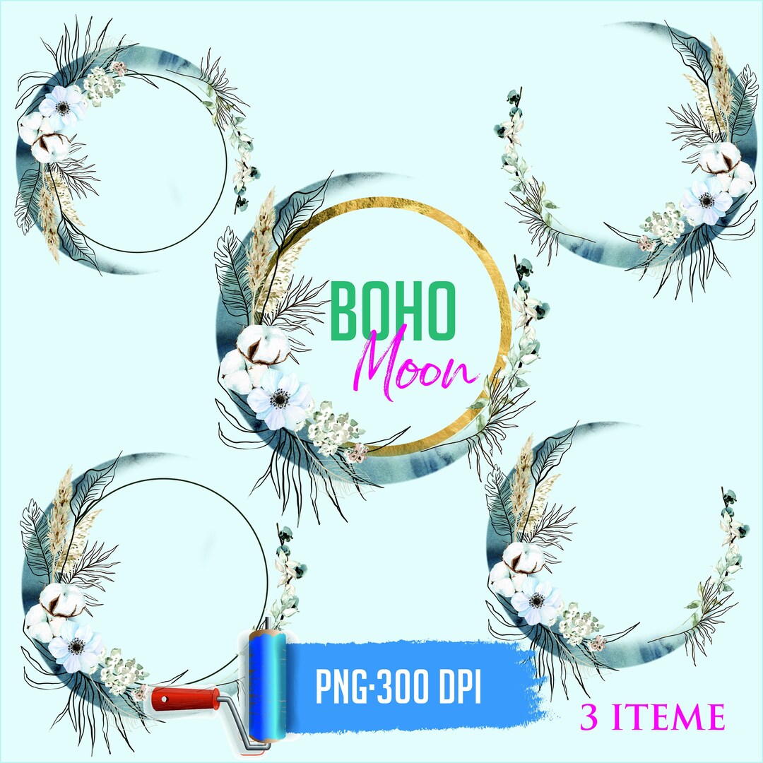 Boho Round Floral Frame With Blue Moon Graphic PNG Moon PNG File ...