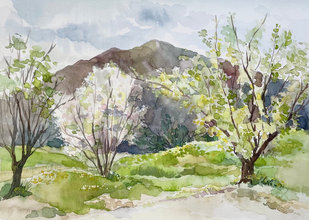 Almond Blossom Landscape Painting – Cyprus Village Limnatis – Original ...
