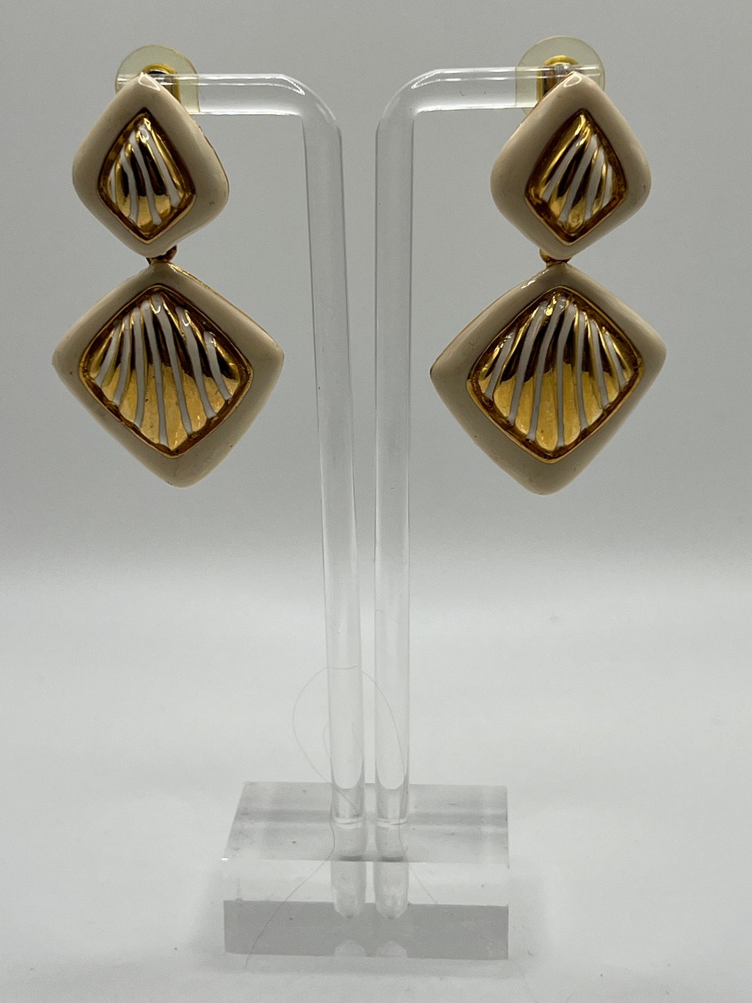 Vintage Gold Plated Dangle Earrings, Beige Enamel Modern Statement - Etsy