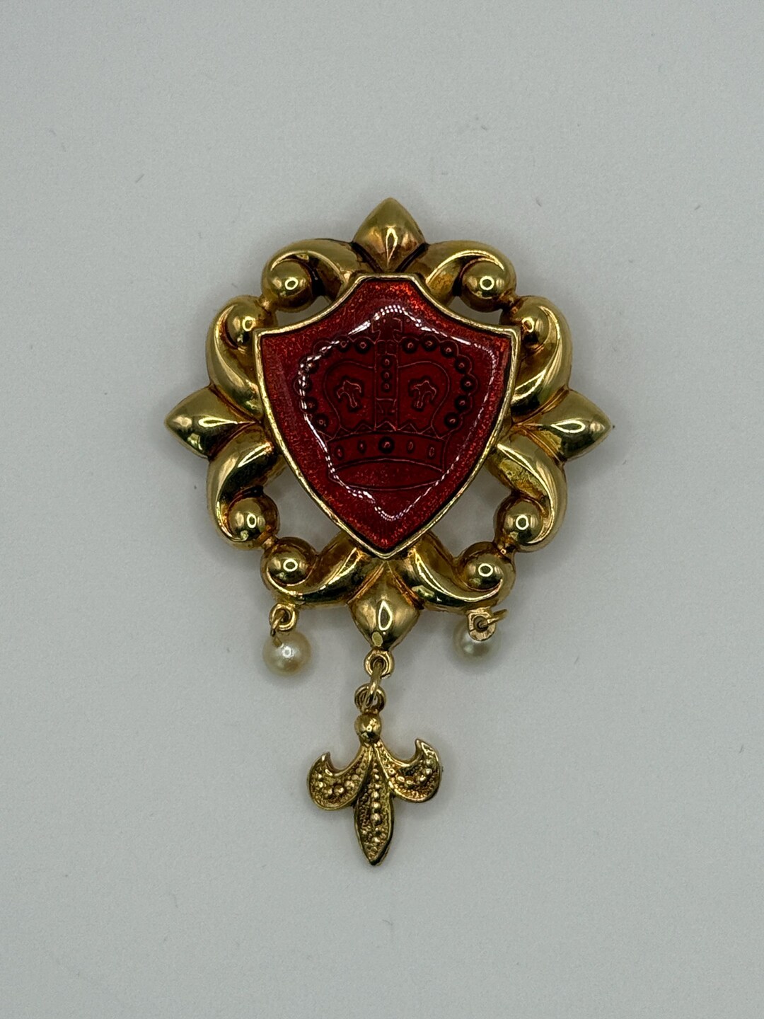 Vintage Gold Plated Amber Enamel Shield Charm Brooch With Coat of Arms ...