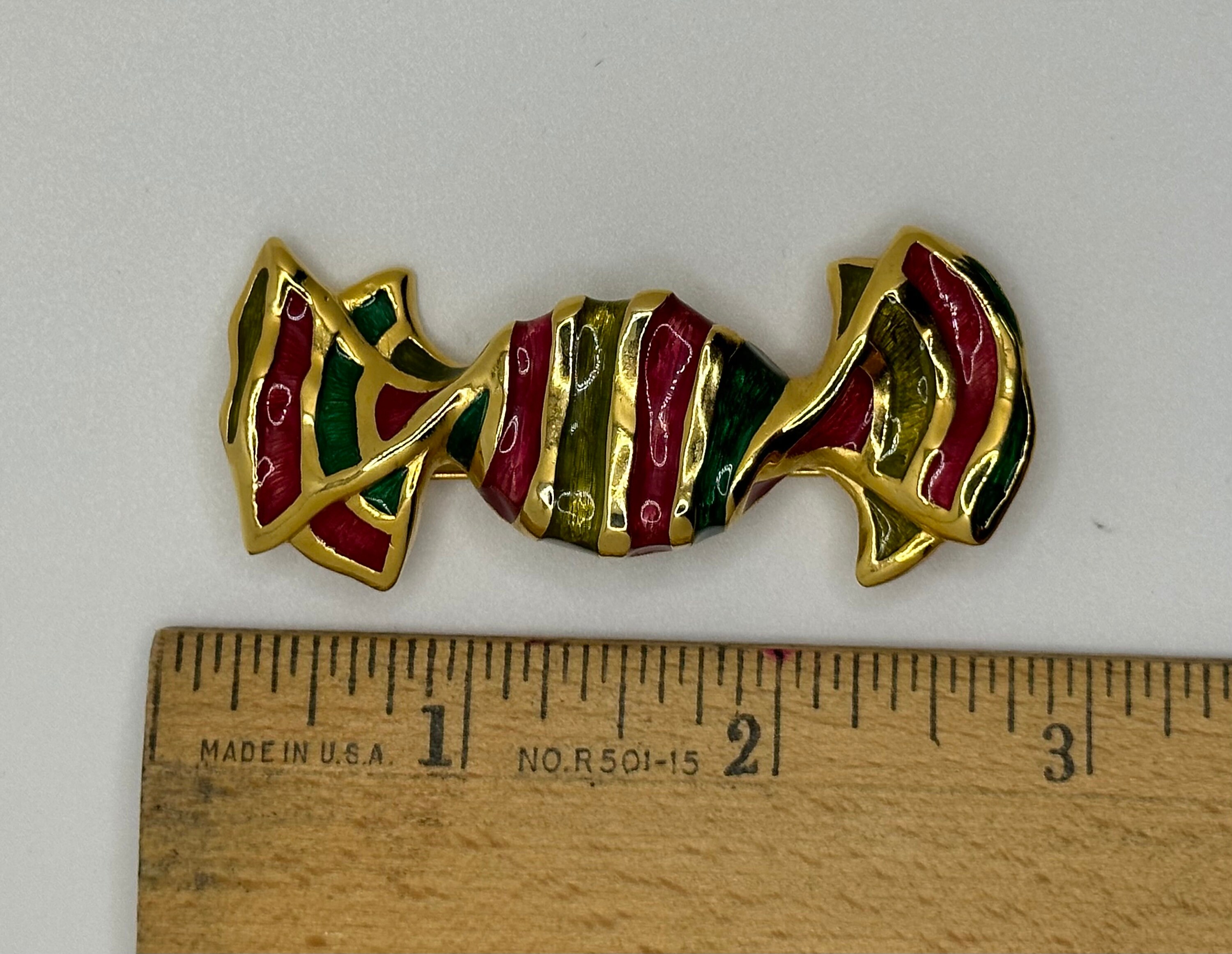 Vintage Red, Green and Gold Tone Metal Three Dimensional Wrapped Candy ...