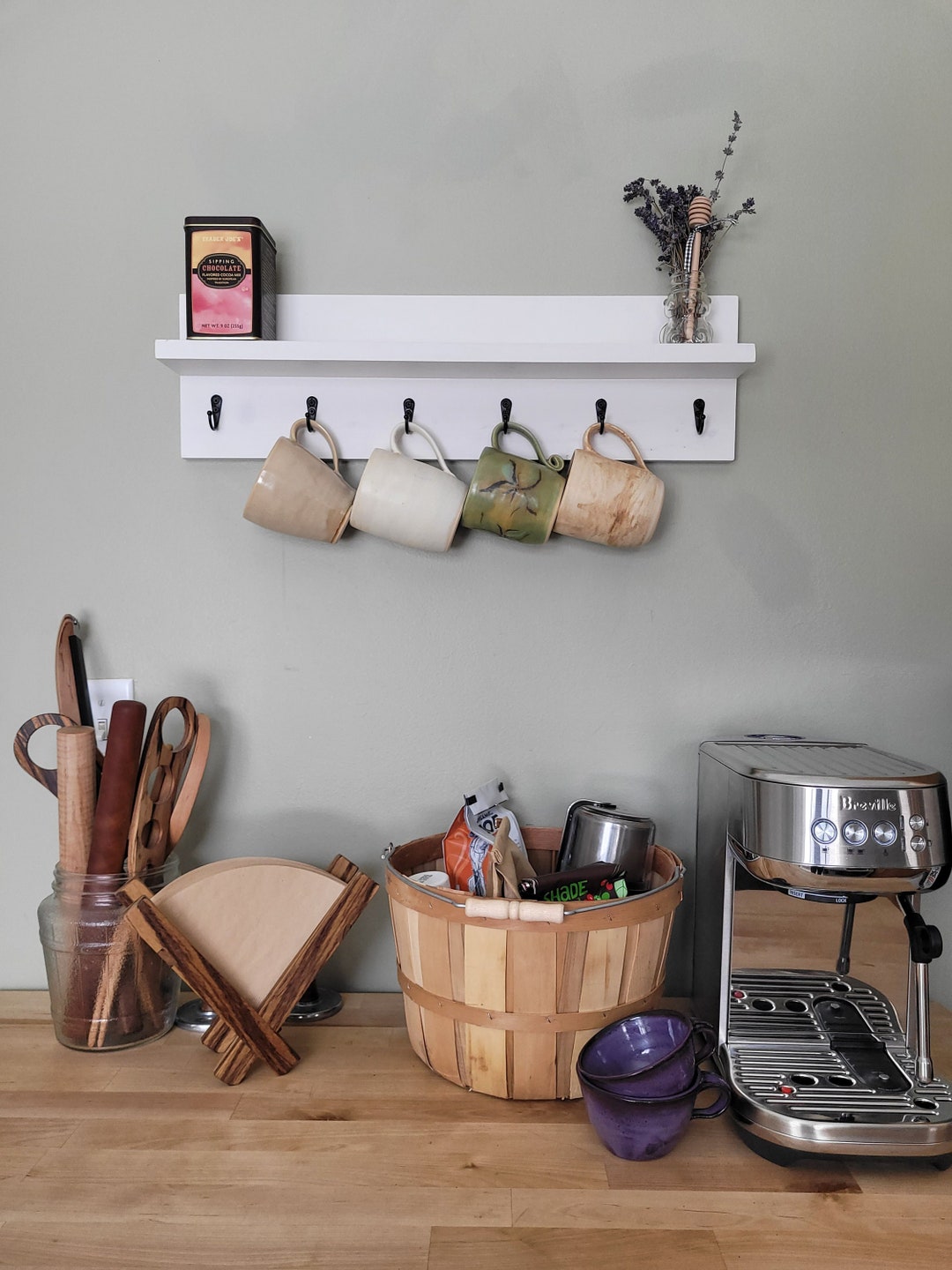 Floating Coffee Shelf With Cup Hooks/ Shallow Shelf - Etsy