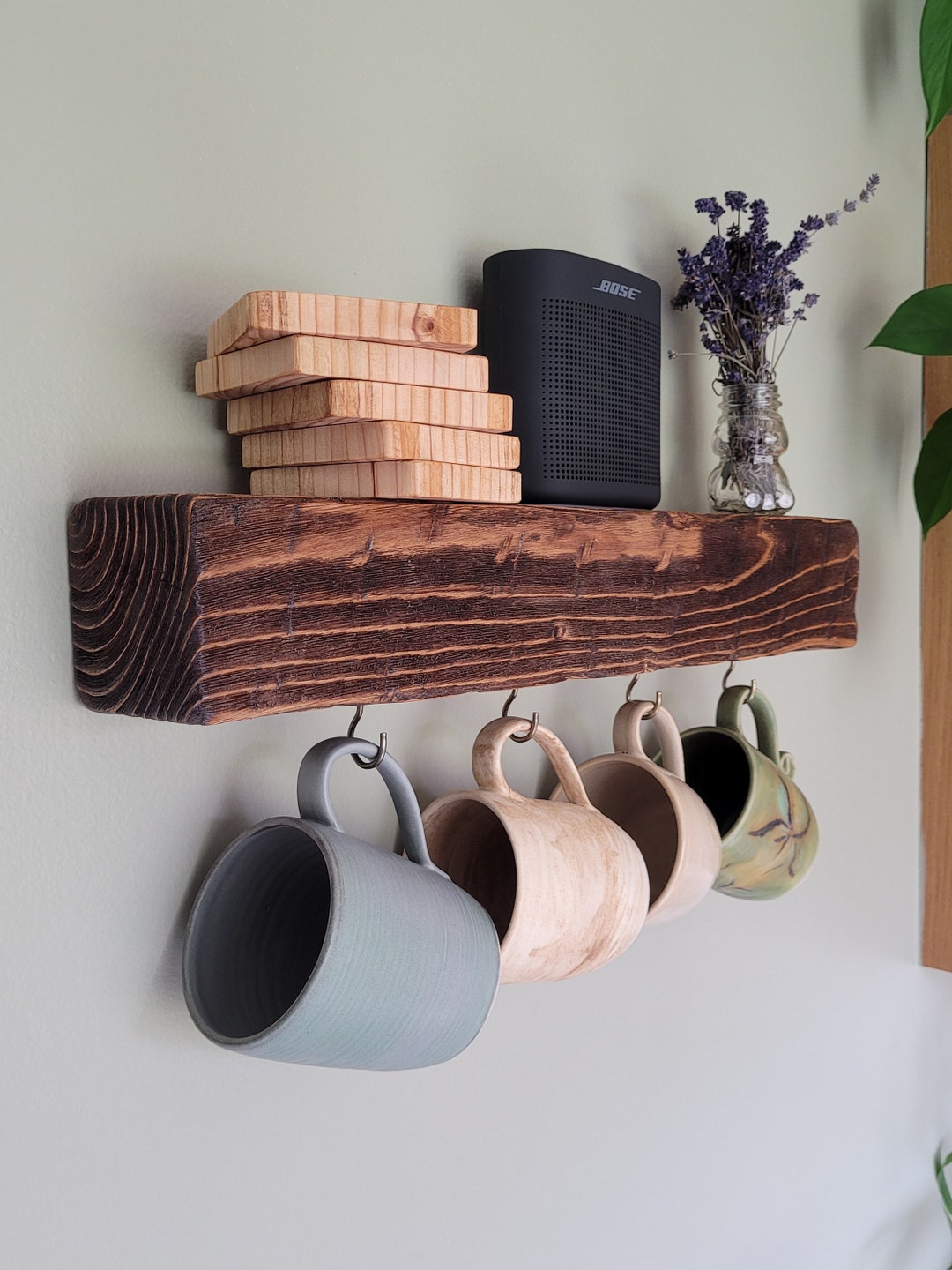 Rustic Floating Shelf, Solid Wood, Hand Hewn Look, With Hooks - Etsy