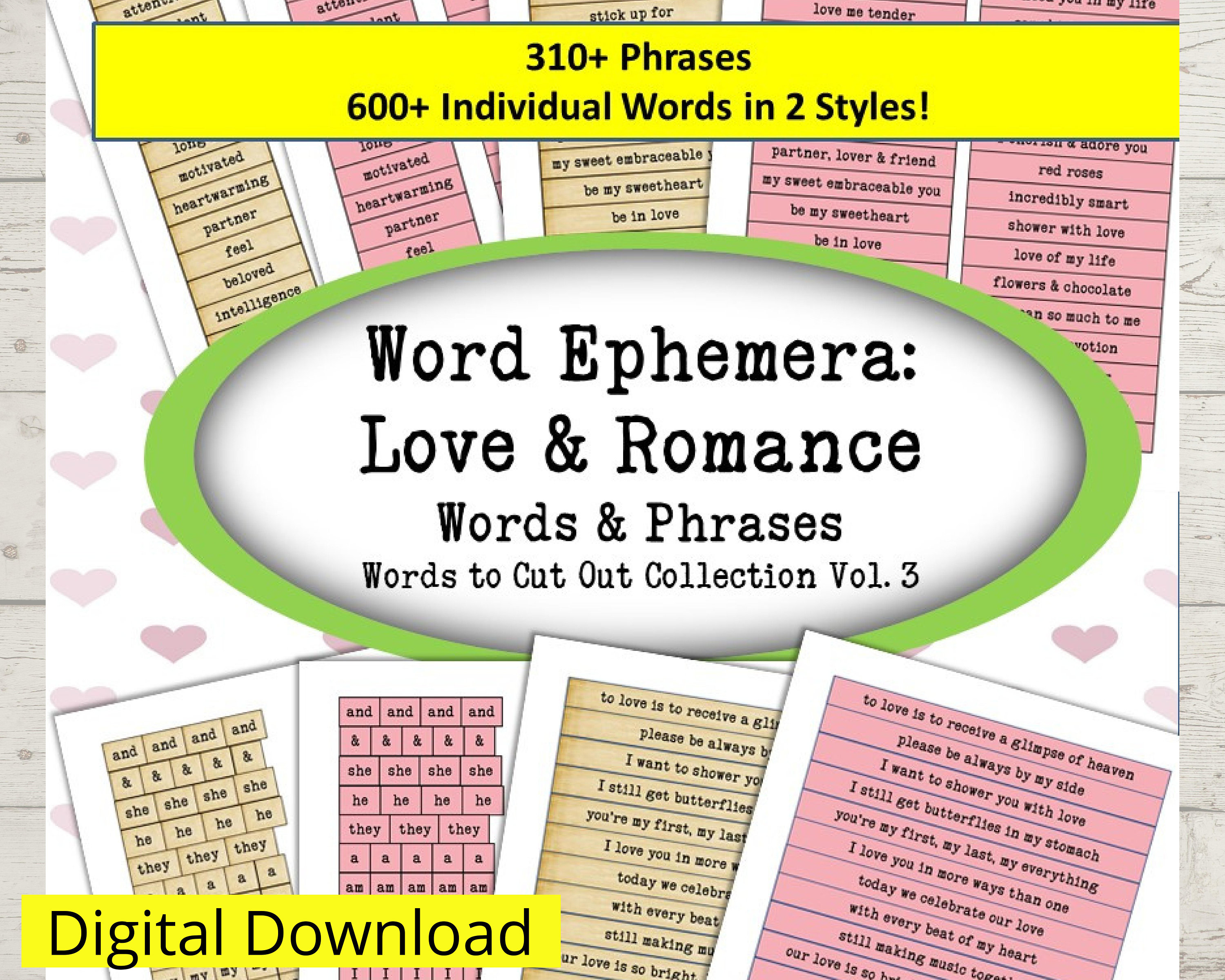 Printable Love & Romance Word Ephemera Junk Journal and Valentine's Day ...