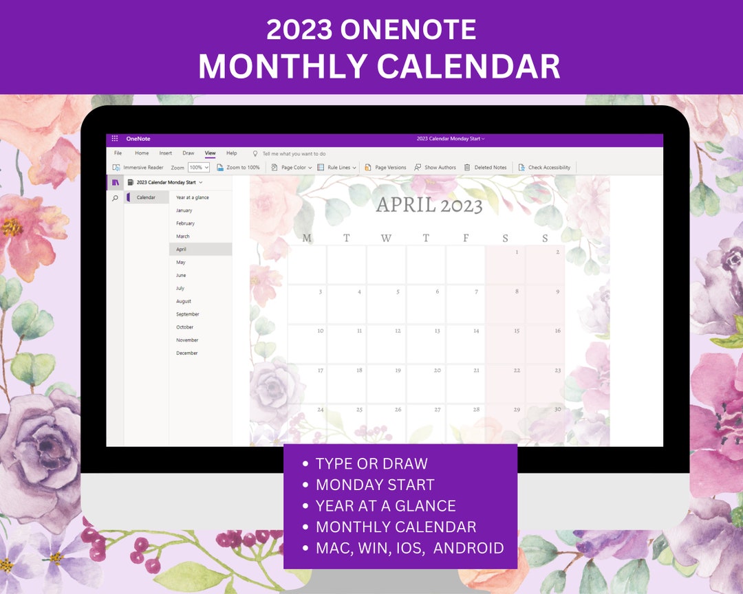 2023 Monday Start Onenote Calendar With Flowers, Yearly and Monthly ...