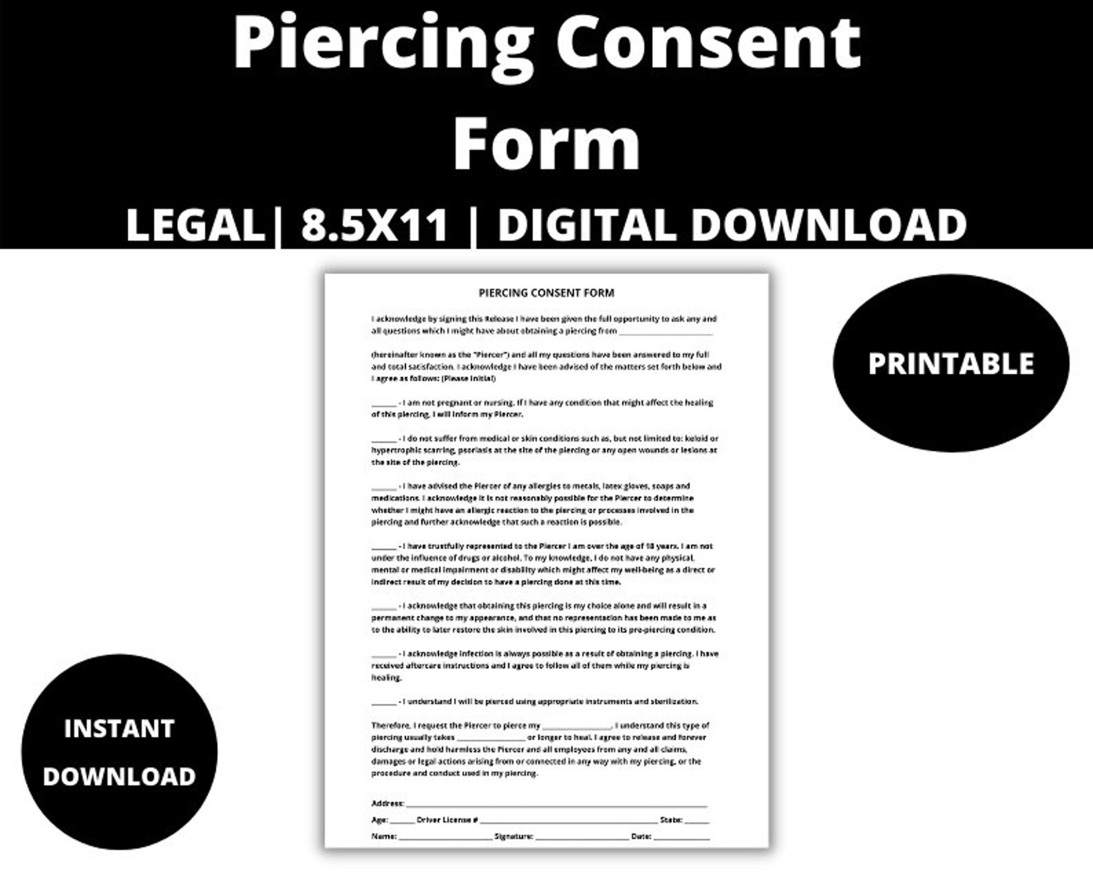 Piercing Consent Form : Piercing Release Form, Ear Piercing Consent ...