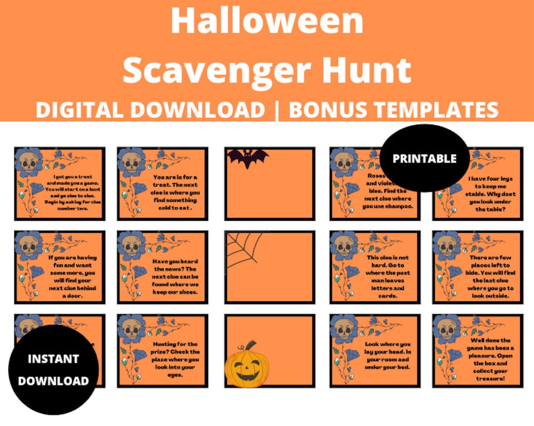 Halloween Scavenger Treasure Hunt : Printable Clue Cards PLUS Bonus ...