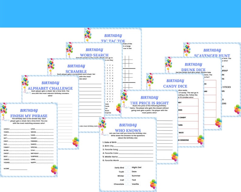 Birthday Games : Printable Birthday Activities for Parties Friends and ...