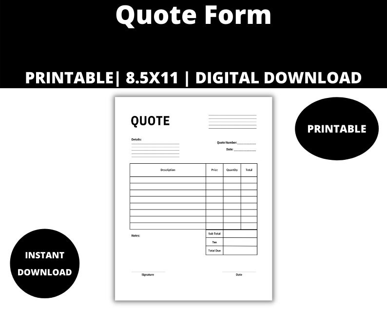 Printable Quote Form: Price Request Sheet (PDF, PNG, JPG) - Etsy