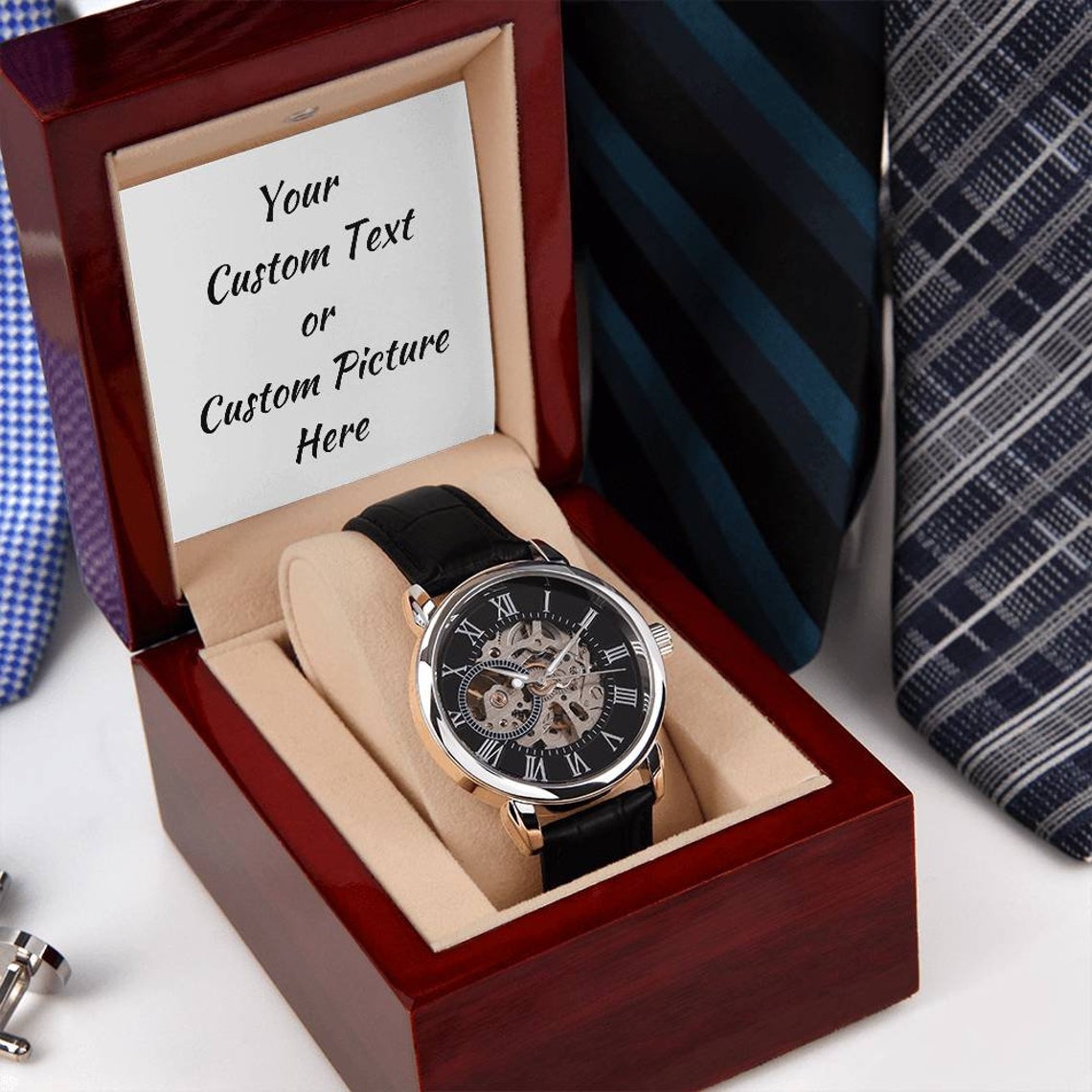 Custom Men's Automatic Watch: Openwork Design, Black Leather Band - Etsy