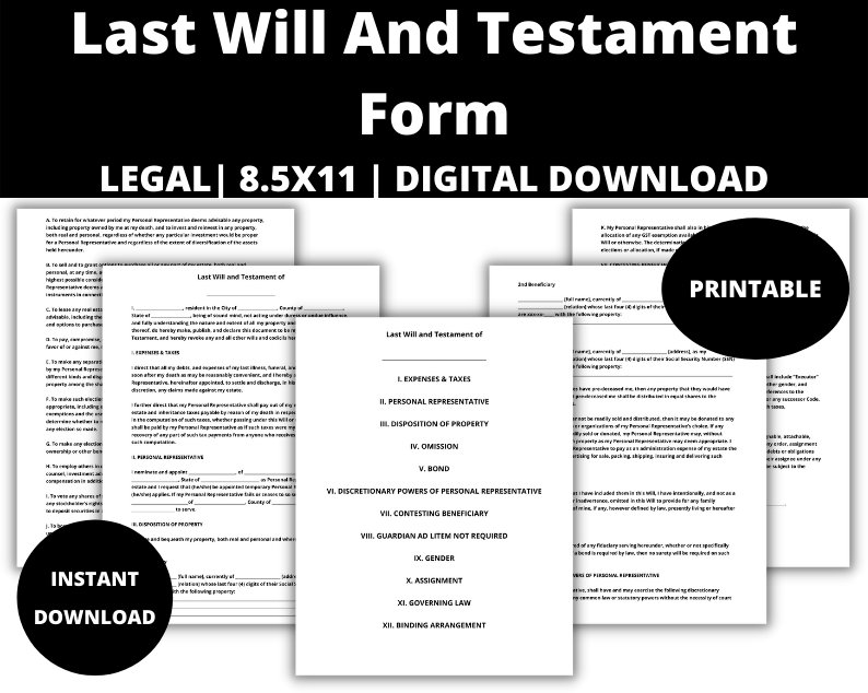 Last Will and Testament Form: Printable Legal Contract (PDF, PNG, JPG ...